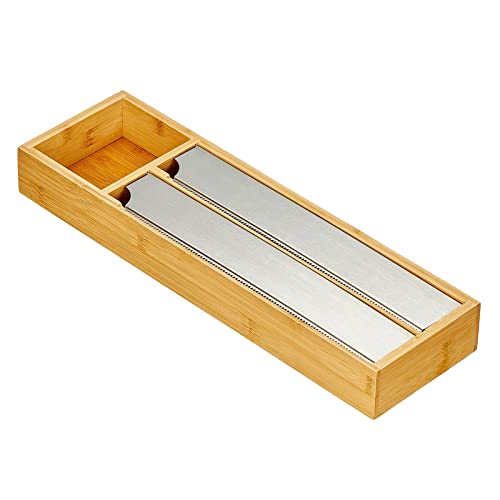 mDesign Bamboo Foil, Parchment Paper and Plastic Cling Film Wrap Organizer and Dispenser/Cutter for Kitchen Drawer - 2 Roll Storage/Cutting Sections - Home Sort Collection - Natural/Silver