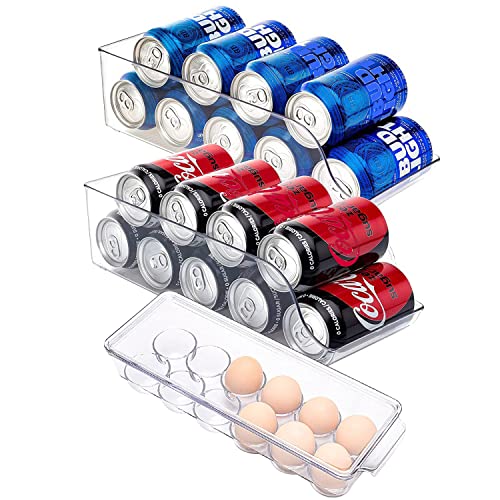 2 Pack Soda Can Organizer for Refrigerator with 1 Pack Egg Holder for Refrigerator,Fridge Drink Can Holder for Pantry,Fridge Can Dispenser,Can Organizer Bins Clear with Egg Storage Container