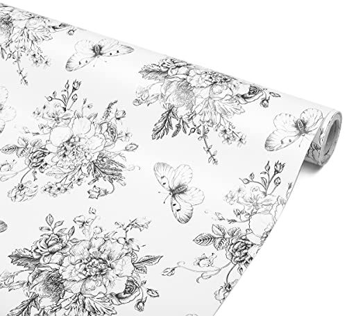 Self Adhesive Vinyl White and Black Vintage Floral Shelf Liner Contact Paper for Cabinets Dresser Drawer Furniture Walls Decal 17.7X117 Inches