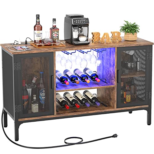 Homieasy Wine Bar Cabinet with Led Lights and Power Outlets, Industrial Coffee Bar Cabinet for Liquor and Glasses, Farmhouse Bar Cabinet with Removable Wine Racks, Rustic Brown