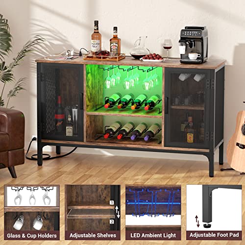 Homieasy Wine Bar Cabinet with Led Lights and Power Outlets, Industrial Coffee Bar Cabinet for Liquor and Glasses, Farmhouse Bar Cabinet with Removable Wine Racks, Rustic Brown