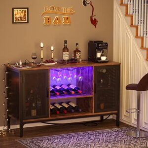 Homieasy Wine Bar Cabinet with Led Lights and Power Outlets, Industrial Coffee Bar Cabinet for Liquor and Glasses, Farmhouse Bar Cabinet with Removable Wine Racks, Rustic Brown