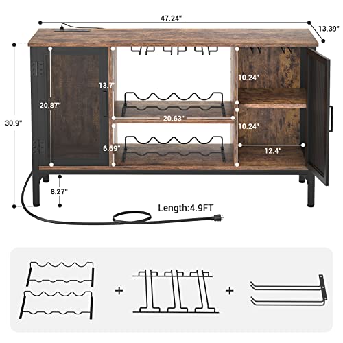 Homieasy Wine Bar Cabinet with Led Lights and Power Outlets, Industrial Coffee Bar Cabinet for Liquor and Glasses, Farmhouse Bar Cabinet with Removable Wine Racks, Rustic Brown