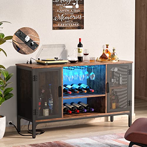 Homieasy Wine Bar Cabinet with Led Lights and Power Outlets, Industrial Coffee Bar Cabinet for Liquor and Glasses, Farmhouse Bar Cabinet with Removable Wine Racks, Rustic Brown