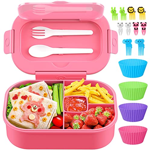 TIME4DEALS Bento Box for Kids 44oz 4 Compartment Lunch Container with Cutlery, Bento Lunch Box Containers for Kid/Adult/Toddler, Leak Proof, Microwave/Dishwasher/Refrigerator Safe, BPA Free (Pink)