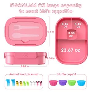 TIME4DEALS Bento Box for Kids 44oz 4 Compartment Lunch Container with Cutlery, Bento Lunch Box Containers for Kid/Adult/Toddler, Leak Proof, Microwave/Dishwasher/Refrigerator Safe, BPA Free (Pink)