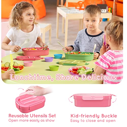 TIME4DEALS Bento Box for Kids 44oz 4 Compartment Lunch Container with Cutlery, Bento Lunch Box Containers for Kid/Adult/Toddler, Leak Proof, Microwave/Dishwasher/Refrigerator Safe, BPA Free (Pink)