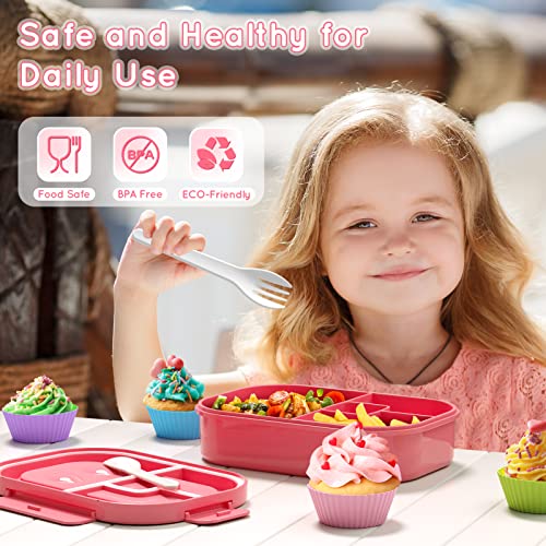 TIME4DEALS Bento Box for Kids 44oz 4 Compartment Lunch Container with Cutlery, Bento Lunch Box Containers for Kid/Adult/Toddler, Leak Proof, Microwave/Dishwasher/Refrigerator Safe, BPA Free (Pink)