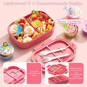 TIME4DEALS Bento Box for Kids 44oz 4 Compartment Lunch Container with Cutlery, Bento Lunch Box Containers for Kid/Adult/Toddler, Leak Proof, Microwave/Dishwasher/Refrigerator Safe, BPA Free (Pink)