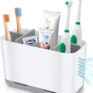 Boperzi Toothbrush and Toothpaste Holder Drainage for Bathroom Countertop with Adjustable Dividers, Large Toothpaste Caddy Organizer Storage Rustic Anti-Slip for Shower, Kitchen, Family, Kids Gray