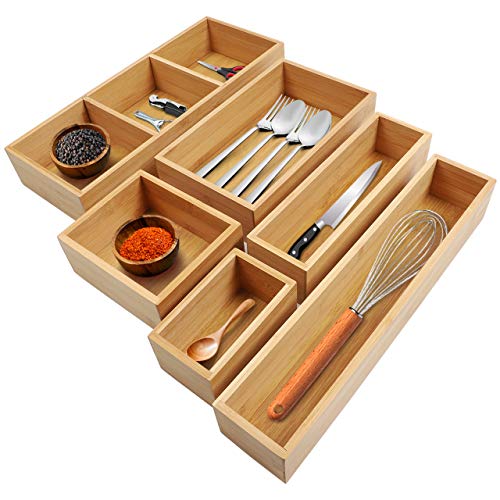 Kootek Kitchen Drawer Organizer for Utensils, 6 Pcs 8 Grid Silverware Tray Bamboo Drawer Organizers Cutlery Storage with Removable Dividers for Pantry Closet Desk Office