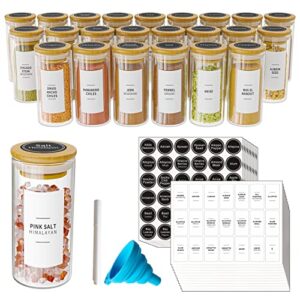 spaceaid 24 pcs spice jars with bamboo lids and labels, empty 4oz glass spice bottles, minimalist farmhouse spice labels stickers with funnel, seasoning containers for spice rack, cabinet and drawer