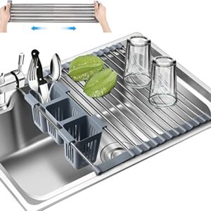 EXTREE Roll Up Dish Drying Rack, Adjustable 12.6"(W) to 23”(L), Over The Sink for Kitchen Sink Foldable Dish Draine with Utensil Holders SUS304 Stainless Steel Sink Rack