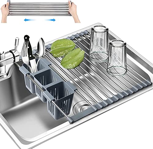 EXTREE Roll Up Dish Drying Rack, Adjustable 12.6"(W) to 23”(L), Over The Sink for Kitchen Sink Foldable Dish Draine with Utensil Holders SUS304 Stainless Steel Sink Rack