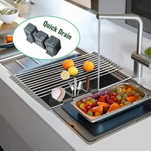 EXTREE Roll Up Dish Drying Rack, Adjustable 12.6"(W) to 23”(L), Over The Sink for Kitchen Sink Foldable Dish Draine with Utensil Holders SUS304 Stainless Steel Sink Rack