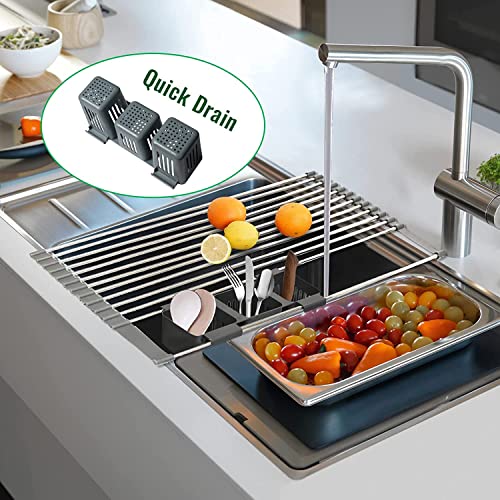 EXTREE Roll Up Dish Drying Rack, Adjustable 12.6"(W) to 23”(L), Over The Sink for Kitchen Sink Foldable Dish Draine with Utensil Holders SUS304 Stainless Steel Sink Rack