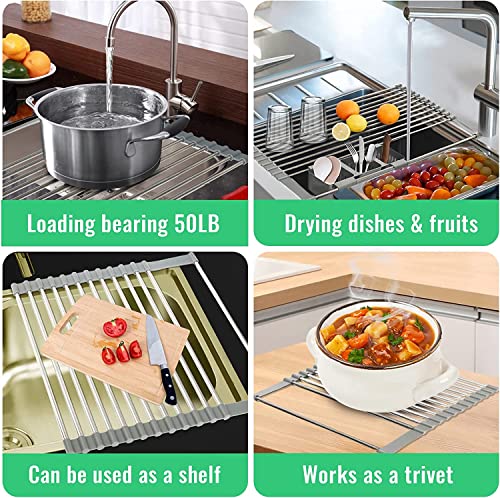 EXTREE Roll Up Dish Drying Rack, Adjustable 12.6"(W) to 23”(L), Over The Sink for Kitchen Sink Foldable Dish Draine with Utensil Holders SUS304 Stainless Steel Sink Rack