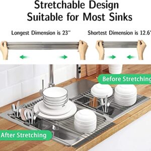 EXTREE Roll Up Dish Drying Rack, Adjustable 12.6"(W) to 23”(L), Over The Sink for Kitchen Sink Foldable Dish Draine with Utensil Holders SUS304 Stainless Steel Sink Rack