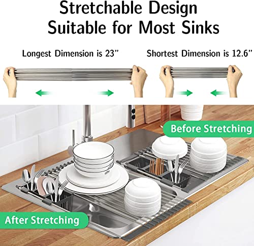 EXTREE Roll Up Dish Drying Rack, Adjustable 12.6"(W) to 23”(L), Over The Sink for Kitchen Sink Foldable Dish Draine with Utensil Holders SUS304 Stainless Steel Sink Rack