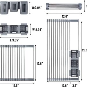 EXTREE Roll Up Dish Drying Rack, Adjustable 12.6"(W) to 23”(L), Over The Sink for Kitchen Sink Foldable Dish Draine with Utensil Holders SUS304 Stainless Steel Sink Rack