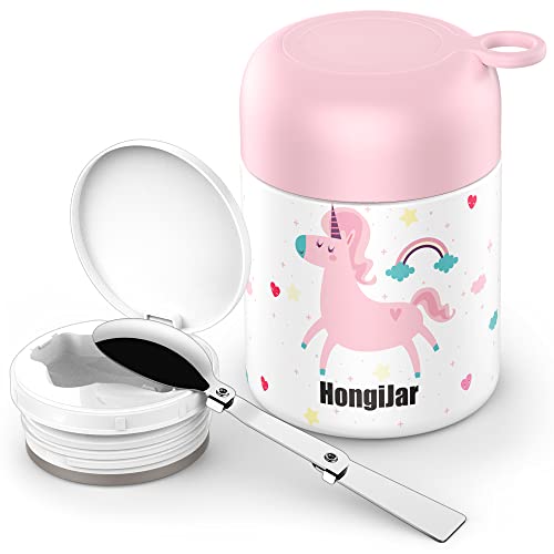 HongiJar Insulated Food Jar, 16oz Thermos Lunch Container 8 Hours Hot Leak Proof Bento Box with Foldable Spoon, Double Wall Vacuum Stainless Steel Thermal Storage for Kids Girls Boys Adults