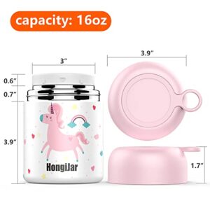 HongiJar Insulated Food Jar, 16oz Thermos Lunch Container 8 Hours Hot Leak Proof Bento Box with Foldable Spoon, Double Wall Vacuum Stainless Steel Thermal Storage for Kids Girls Boys Adults