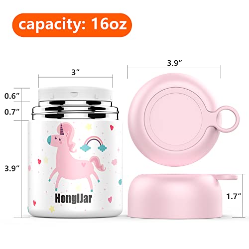 HongiJar Insulated Food Jar, 16oz Thermos Lunch Container 8 Hours Hot Leak Proof Bento Box with Foldable Spoon, Double Wall Vacuum Stainless Steel Thermal Storage for Kids Girls Boys Adults