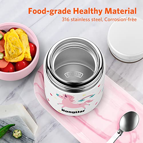 HongiJar Insulated Food Jar, 16oz Thermos Lunch Container 8 Hours Hot Leak Proof Bento Box with Foldable Spoon, Double Wall Vacuum Stainless Steel Thermal Storage for Kids Girls Boys Adults