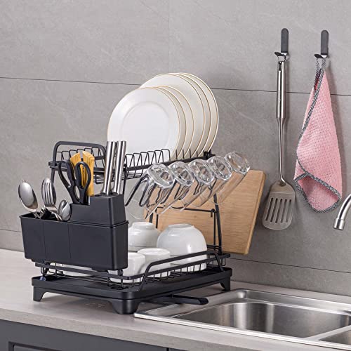 Panchydor Dish Drying Rack,2 Tier Stainless Steel Black Large Drying Rack for Kitchen Counter,Rust-Proof Automatic Draining Dish Rack with Utensil Holder,Cup Holder,Cutting Board Holder,Two Hooks