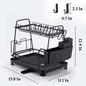 Panchydor Dish Drying Rack,2 Tier Stainless Steel Black Large Drying Rack for Kitchen Counter,Rust-Proof Automatic Draining Dish Rack with Utensil Holder,Cup Holder,Cutting Board Holder,Two Hooks