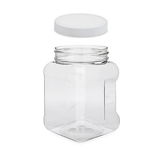 Plastic Jars 32 Fluid Ounce Square Pinch Handle (12 Pack) Clear PET Plastic Containers With White Ribbed Lids