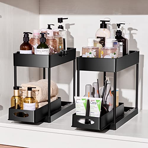 KMIGRUAN Under Sink Organizers and Storage,2 Tier Kitchen and Bathroom Organizer Under Sink Shelf，Multi-function with Hook Under Cabinet Organizer