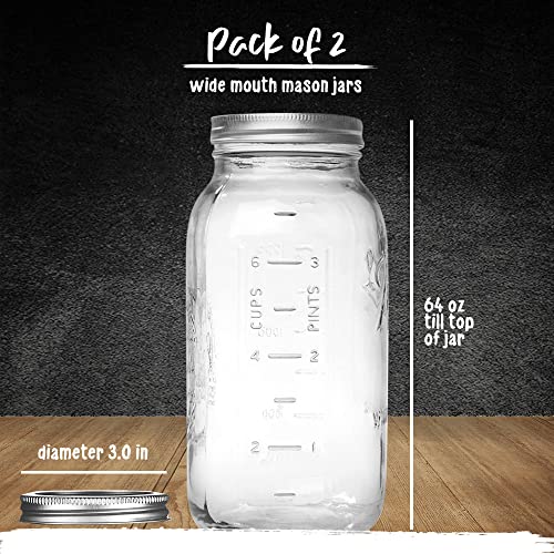 Wide Mouth Mason Jars 64 oz - 1/2 Gallon Mason Jar - Ball Mason Jars 64oz With Lids - Large Mason Jar 64 Ounce - Wide Mouth Half Gallon Mason Jars - Ball Canning Jars Wide Mouth (64 Ounce (2 Pack))