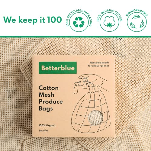 Betterblue 100% Organic Cotton Produce Bags, Reusable & Eco Friendly, Set of 6