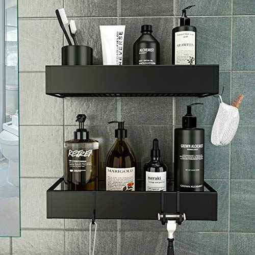 Roseyat Shower Caddy, Adhesive Shower Organizer With Hooks, Shower Shelves for Inside Shower, No Drilling Shower Rack Holder, Shower Storage For Bathroom, Kitchen Spice Rack-2 Pack Black