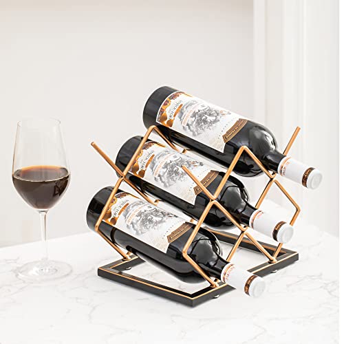 LEYON Tabletop Wine Rack 5 Bottles Wine Bottle Holder Countertop Wine Storage Rack Metal Wine Bottles Organizer Home Decorations for Kitchen Bar Cabinet (5 Bottles, Retro Gold)