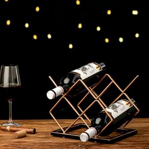 LEYON Tabletop Wine Rack 5 Bottles Wine Bottle Holder Countertop Wine Storage Rack Metal Wine Bottles Organizer Home Decorations for Kitchen Bar Cabinet (5 Bottles, Retro Gold)