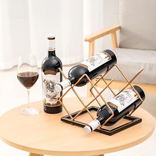 LEYON Tabletop Wine Rack 5 Bottles Wine Bottle Holder Countertop Wine Storage Rack Metal Wine Bottles Organizer Home Decorations for Kitchen Bar Cabinet (5 Bottles, Retro Gold)