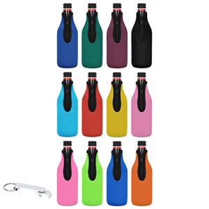 12 pack beer bottle cooler sleeves keep drink cold zip-up extra thick neoprene insulated sleeve cover with bottle opener（12 pack, multi)