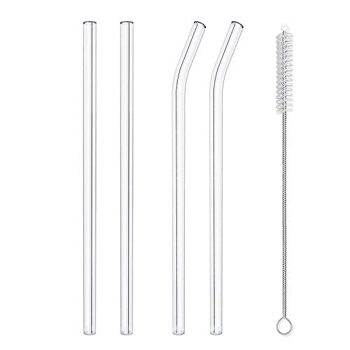 Hiware Reusable Glass Straws Set, 4-piece Drinking Staws with Cleaning Brush, 10" x 10 mm, Dishwasher Safe