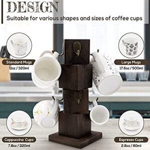 PUERSI Coffee Mug Holder for Counter, Rustic Solid Wood Mug Tree, Farmhouse Wooden Coffee Cup Rack, Distressed Mug Stand with 8 Hooks (Rustic Brown)