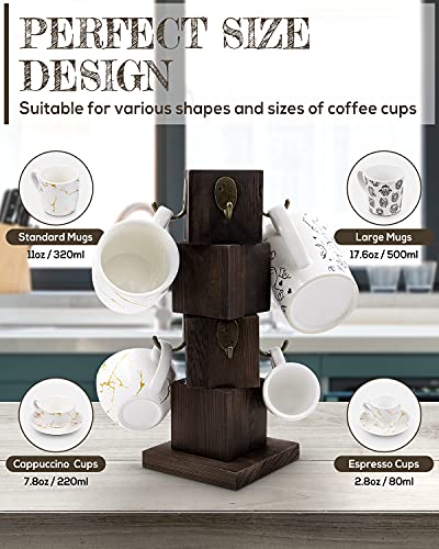 PUERSI Coffee Mug Holder for Counter, Rustic Solid Wood Mug Tree, Farmhouse Wooden Coffee Cup Rack, Distressed Mug Stand with 8 Hooks (Rustic Brown)