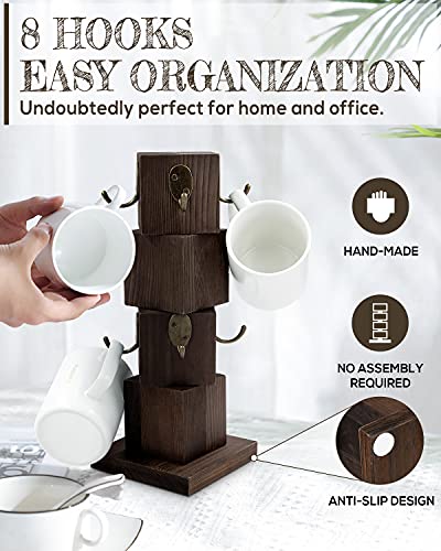 PUERSI Coffee Mug Holder for Counter, Rustic Solid Wood Mug Tree, Farmhouse Wooden Coffee Cup Rack, Distressed Mug Stand with 8 Hooks (Rustic Brown)