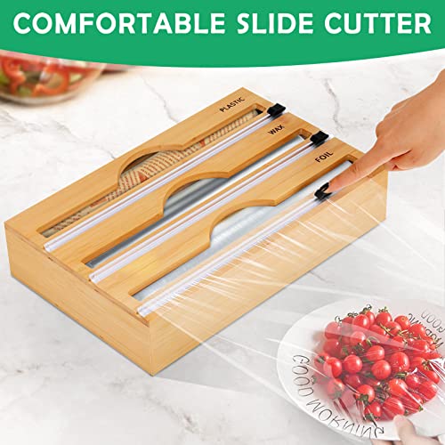 3-in-1 Bamboo Plastic Wrap Dispenser with Cutter, Foil and Plastic Wrap Organizer, Aluminum foil Organization and Storage, Aluminum Foil, Cling Film, Parchment Paper, Foil Organizer for Drawer