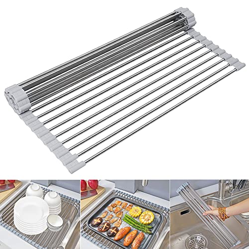 Antspertor Large Roll Up Dish Drying Rack, Over The Sink Multipurpose Roll-Up Dish Racks, 20.5" L x 16" W（Gray） Rolling Stainless Steel Dish Drainer Portable Foldable for Kitchen Counter