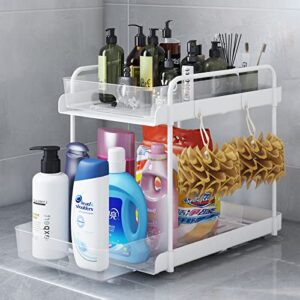 alwytlon pull out under sink organizer, sliding cabinet basket organizer, 2 tier clear under bathroom storage rack with hooks, multi-purpose storage shelf for bathroom kitchen, transparent & white