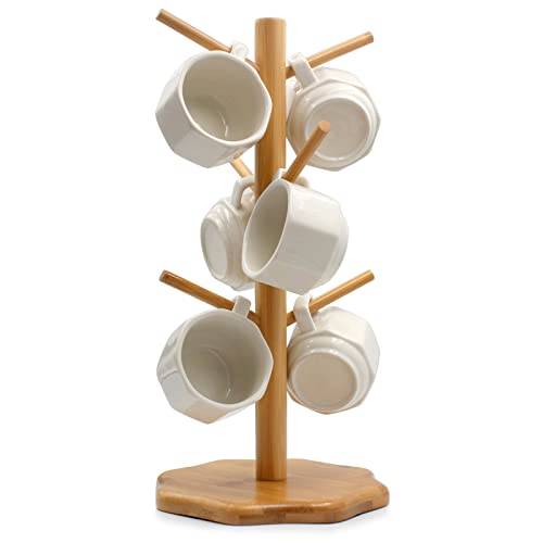 Mug Tree, Coffee Mug Tree, Bamboo Countertop Mug Tree Stand , Coffee Mug Holder Tree for Counter Stand with 6 Hooks, Octagon Base Coffee Cup Tree, Removable Mug Stands