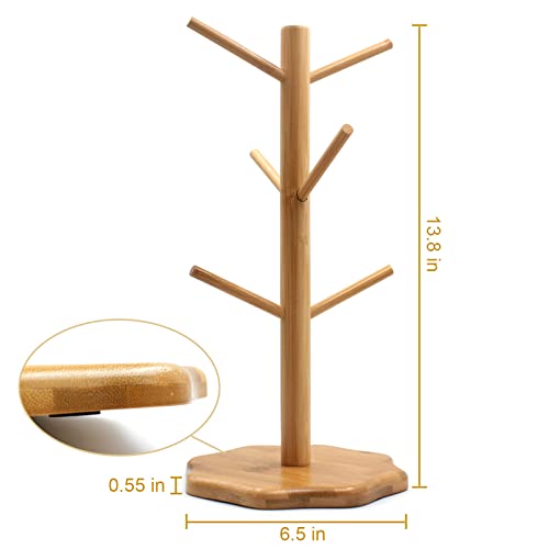 Mug Tree, Coffee Mug Tree, Bamboo Countertop Mug Tree Stand , Coffee Mug Holder Tree for Counter Stand with 6 Hooks, Octagon Base Coffee Cup Tree, Removable Mug Stands