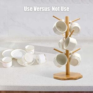 Mug Tree, Coffee Mug Tree, Bamboo Countertop Mug Tree Stand , Coffee Mug Holder Tree for Counter Stand with 6 Hooks, Octagon Base Coffee Cup Tree, Removable Mug Stands