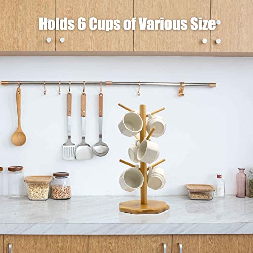 Mug Tree, Coffee Mug Tree, Bamboo Countertop Mug Tree Stand , Coffee Mug Holder Tree for Counter Stand with 6 Hooks, Octagon Base Coffee Cup Tree, Removable Mug Stands